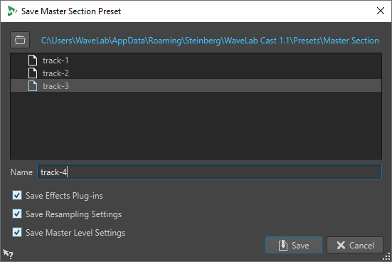 Save Master Section Preset Dialog