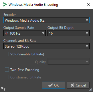 Finestra di dialogo Codifica Windows Media Audio