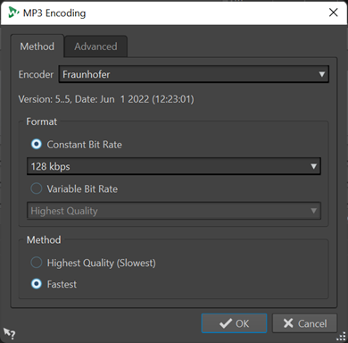 「MP3 エンコード (MP3 encoding)」ダイアログ