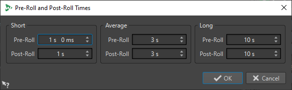 「プリロールとポストロールの時間 (Pre-roll and Post-roll times)」ダイアログ