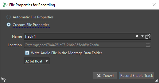 「録音のファイル属性 (File Properties for Recording)」ダイアログ